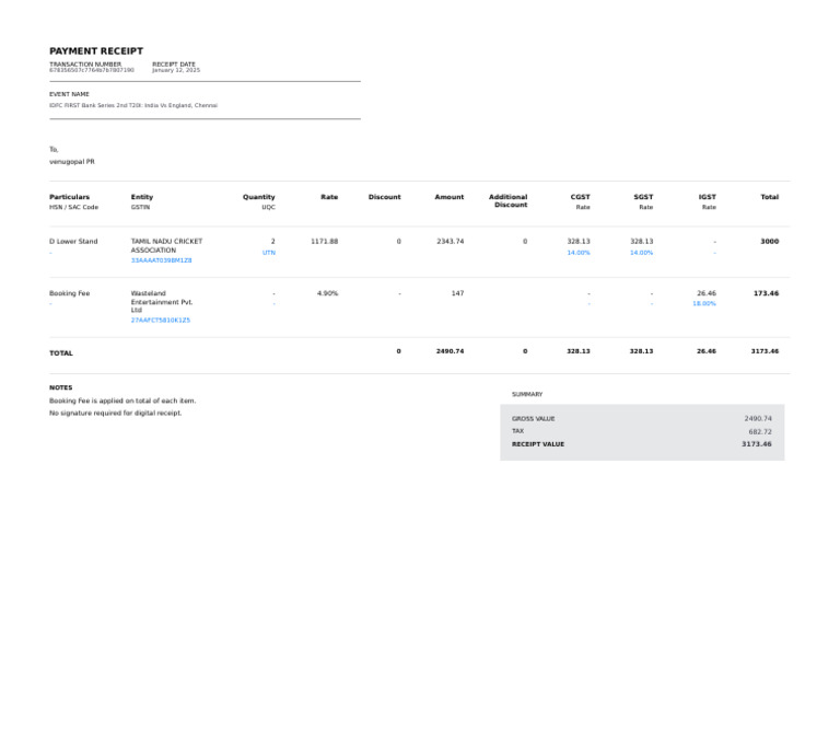 Cricket Match Ticket Receipt | PDF