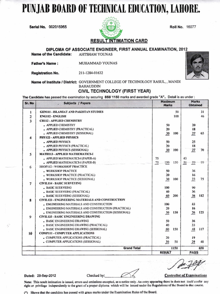 3-Result Card Diploma of Associate Engineer | PDF