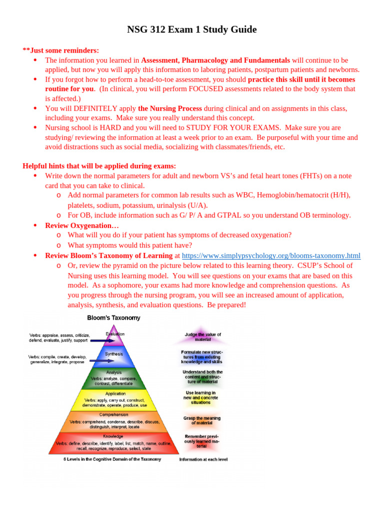 NSG 312 Exam 1 Study Guide | PDF | Pregnancy | Fetus
