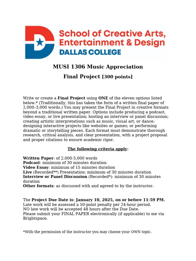 MUSI 1306 Final Project 300 Points | PDF | Classical Period (Music ...