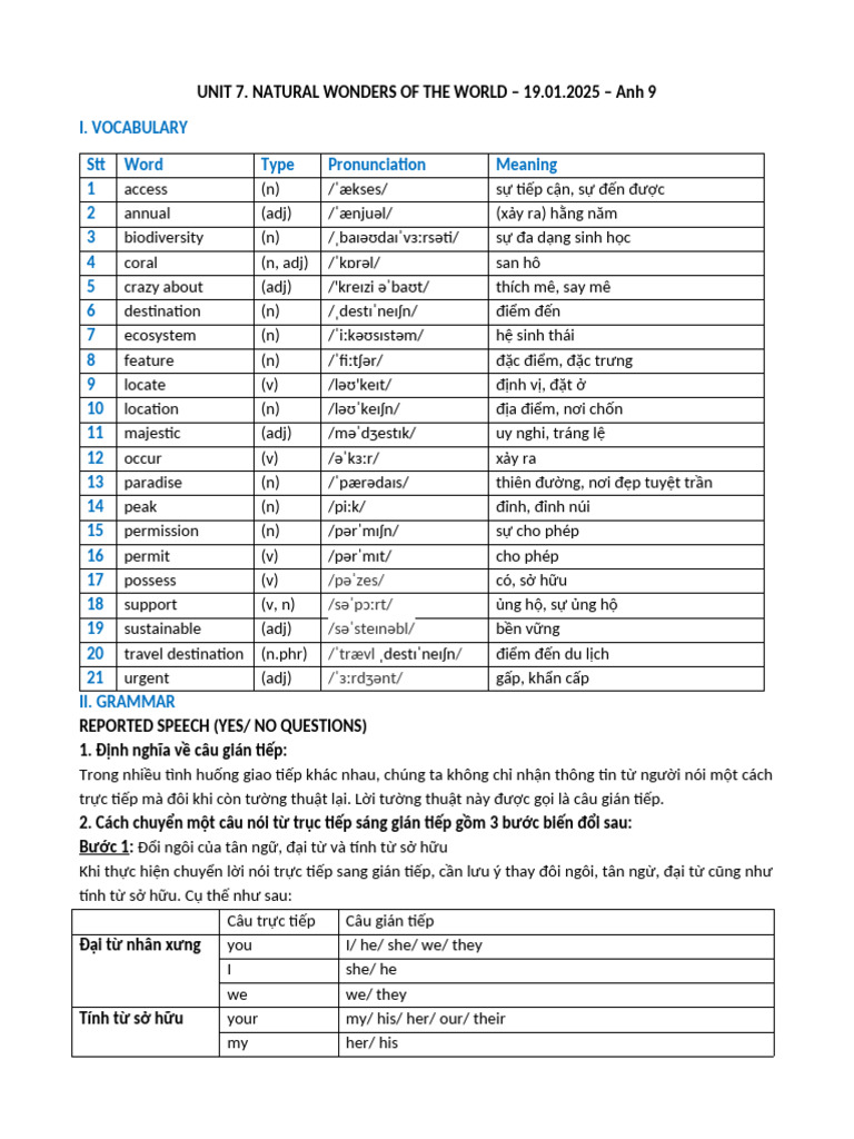 UNIT 7. NATURAL WONDERS OF THE WORLD - 19.01.2025 - Anh 9 | PDF ...