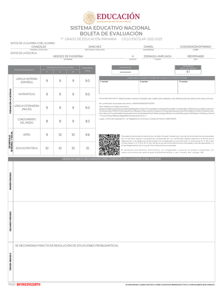 Boleta Primaria 1er Grado 2022-2023 | PDF