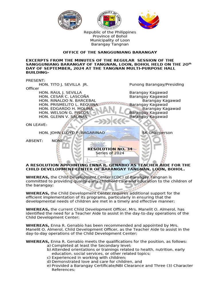 RESOLUTION Appointing Teacher Aid To DCW - Bns | PDF