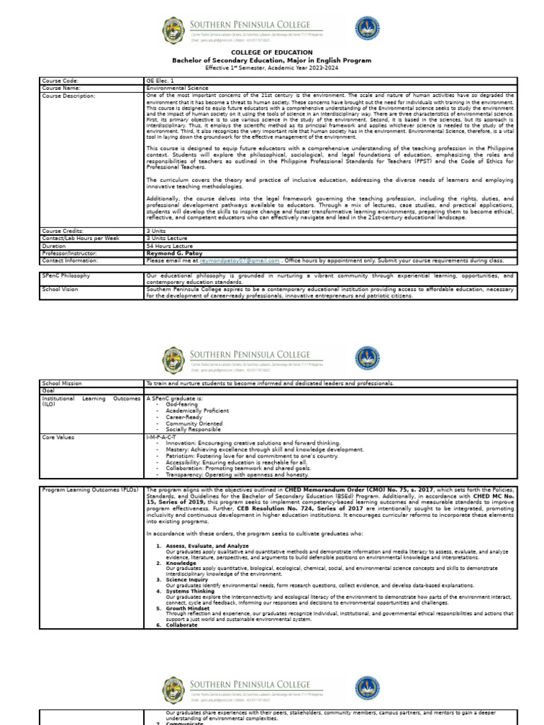 Obe Course Syllabus Environmental Science Bsed English | PDF | Ecosystem | Science