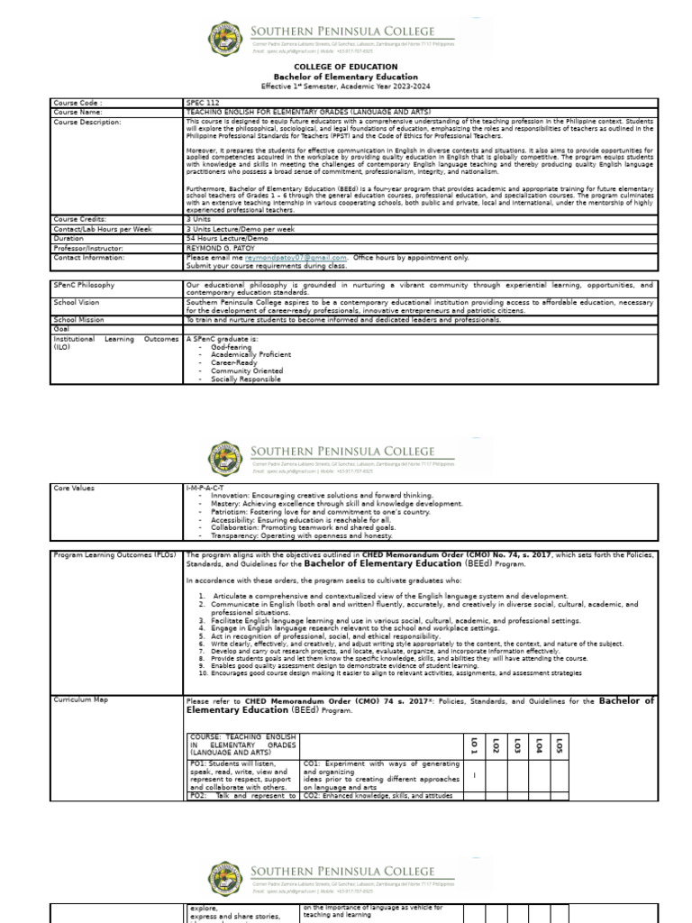 Obe Course Syllabus Language and Arts | PDF | English Studies | Learning