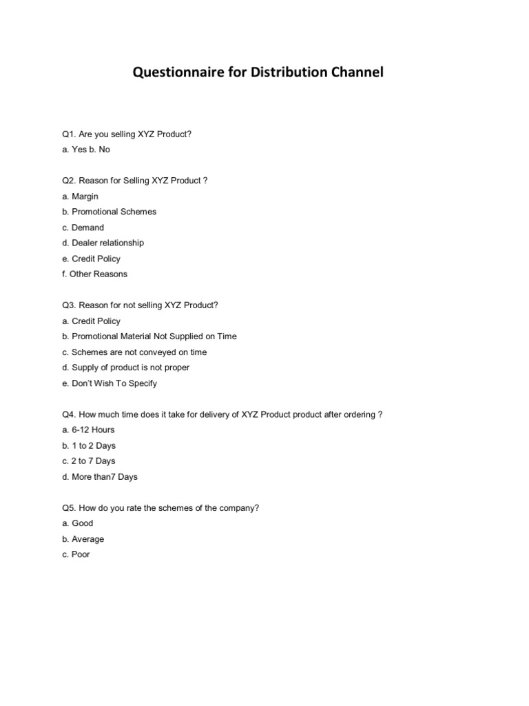 Questionnaire For Distribution Channel | PDF