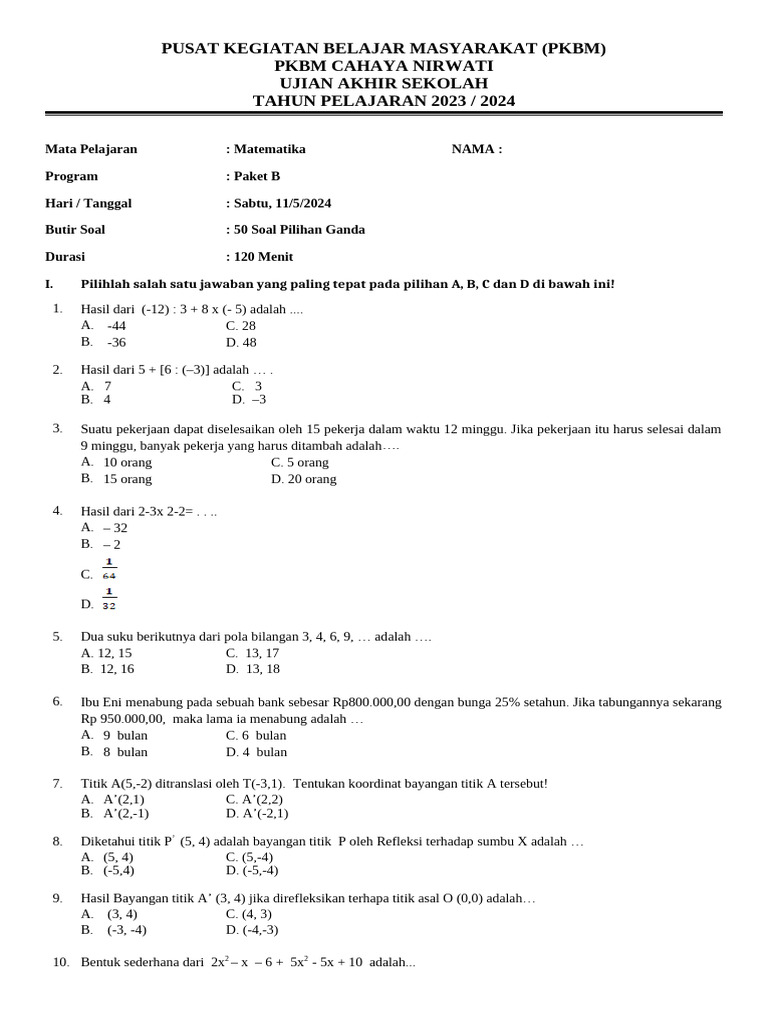 Soal Us Matematika 2024 (Nurfaika) | PDF