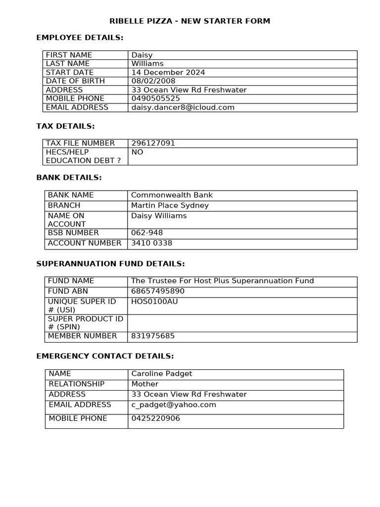 Ribelle Pizza New Starter Onboarding Form | PDF