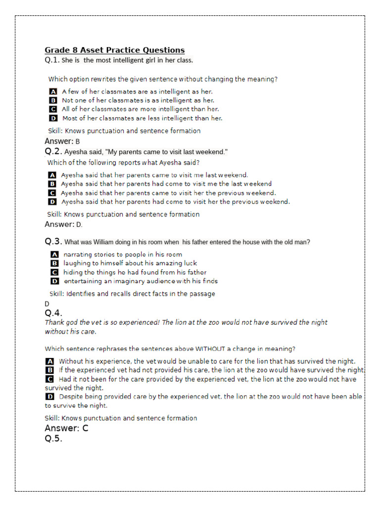 Grade 8 Asset Practice Questions | PDF