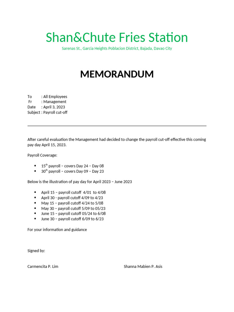 Payroll Memo | PDF