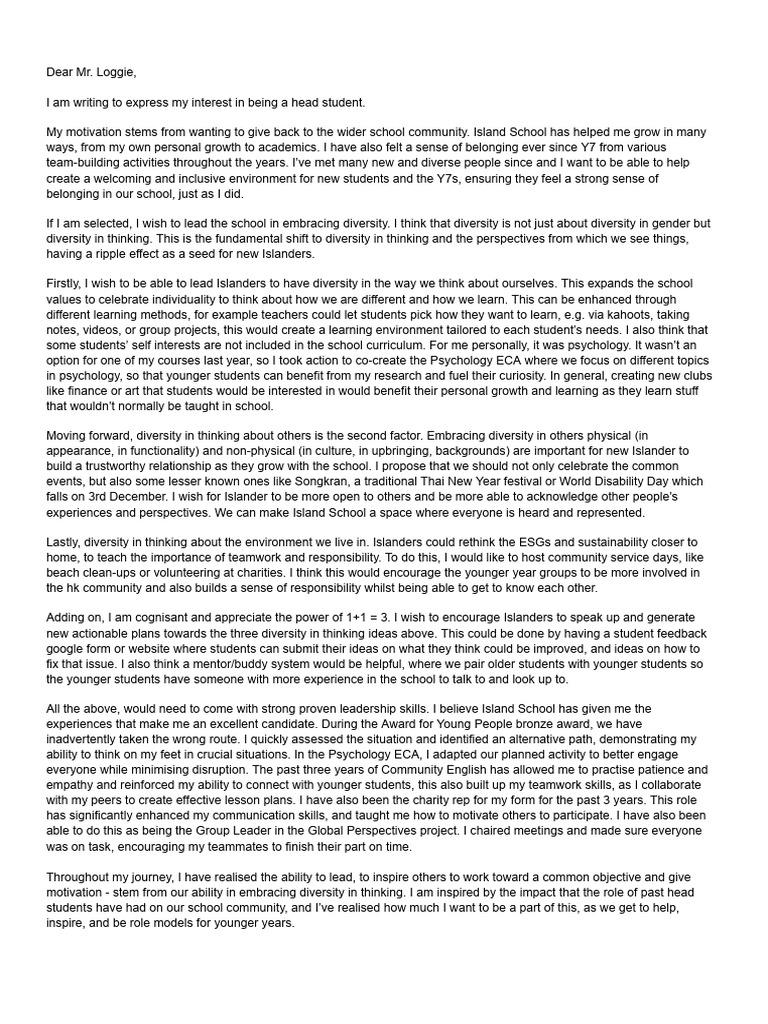 Head Student Application | PDF | Psychology | Liberal Arts Education