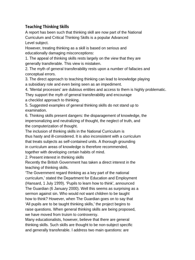 Teaching Thinking Skills | PDF | Thought | Curriculum