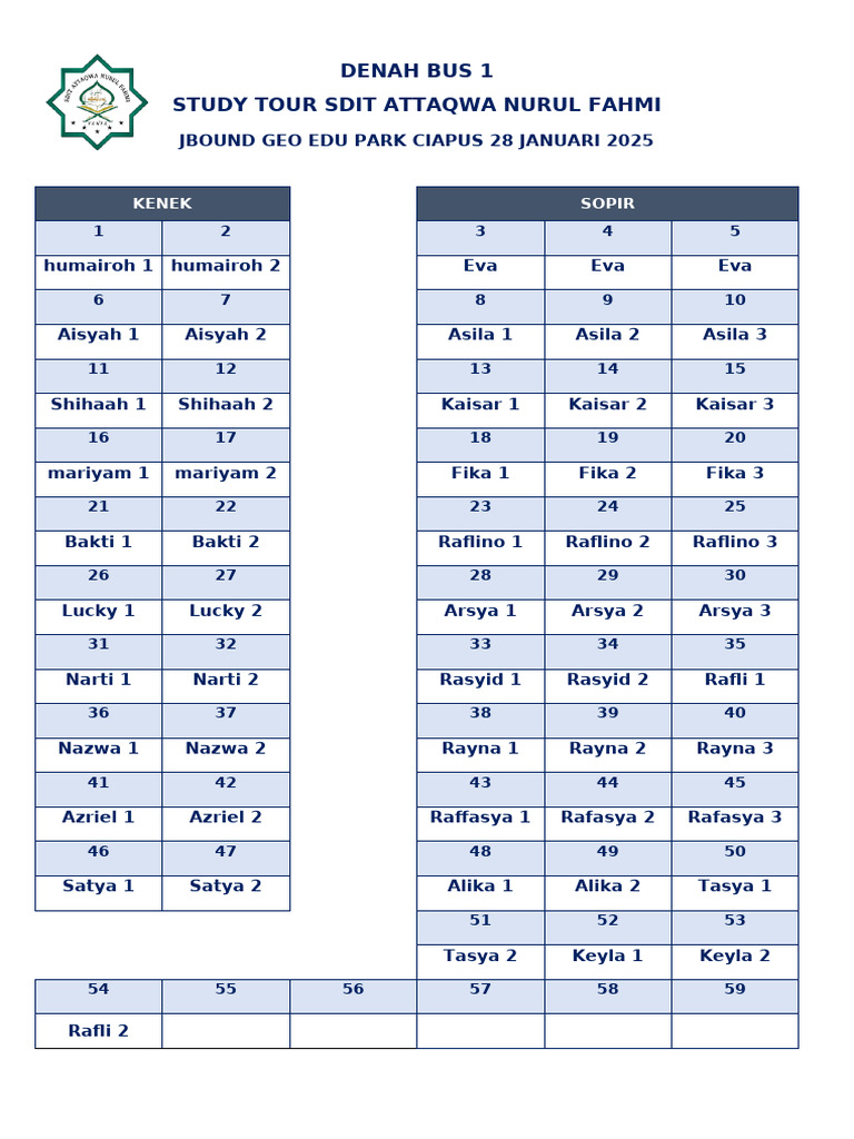 Denah Bus Study Tour Sdit 2025 | PDF