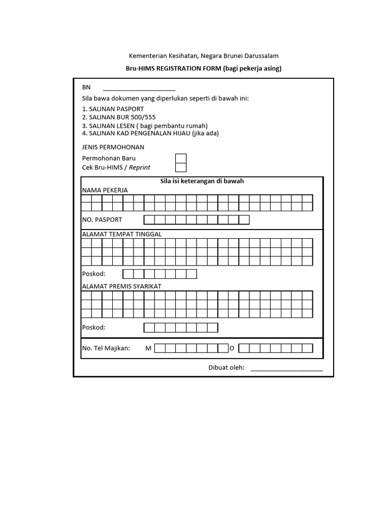 Bru HIMS Registration Form For Foreign Workers Malay | PDF
