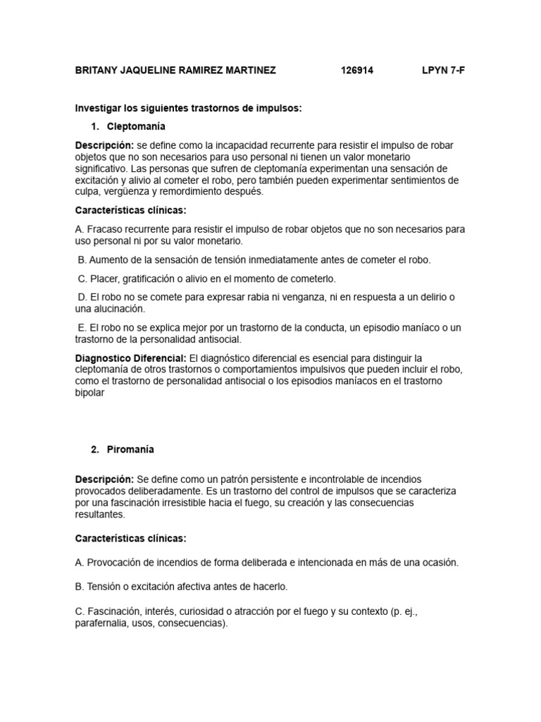 Trastornos de Impulsos: Cleptomanía, Piromanía y Tricotilomanía | PDF ...