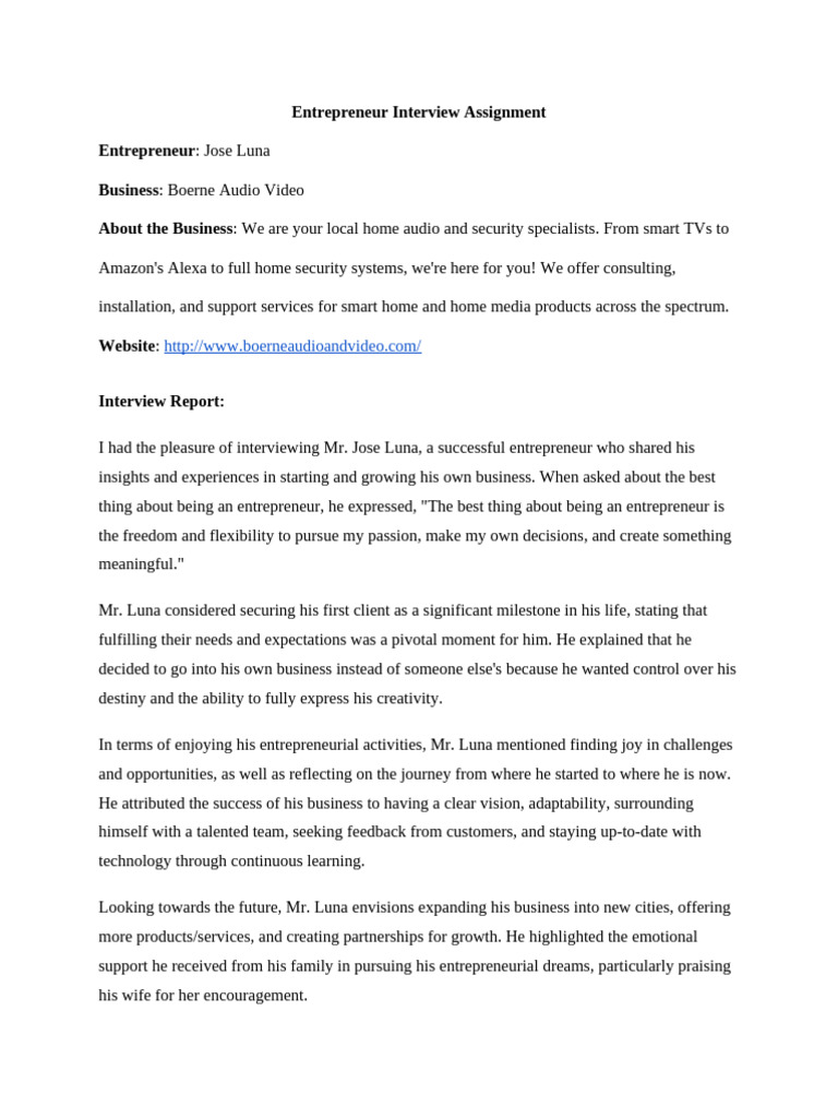 Entrepreneur Interview Assignment | PDF | Entrepreneurship | Mentorship
