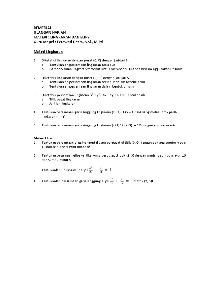 Remedial Ulangan Lingkaran dan Elips | PDF
