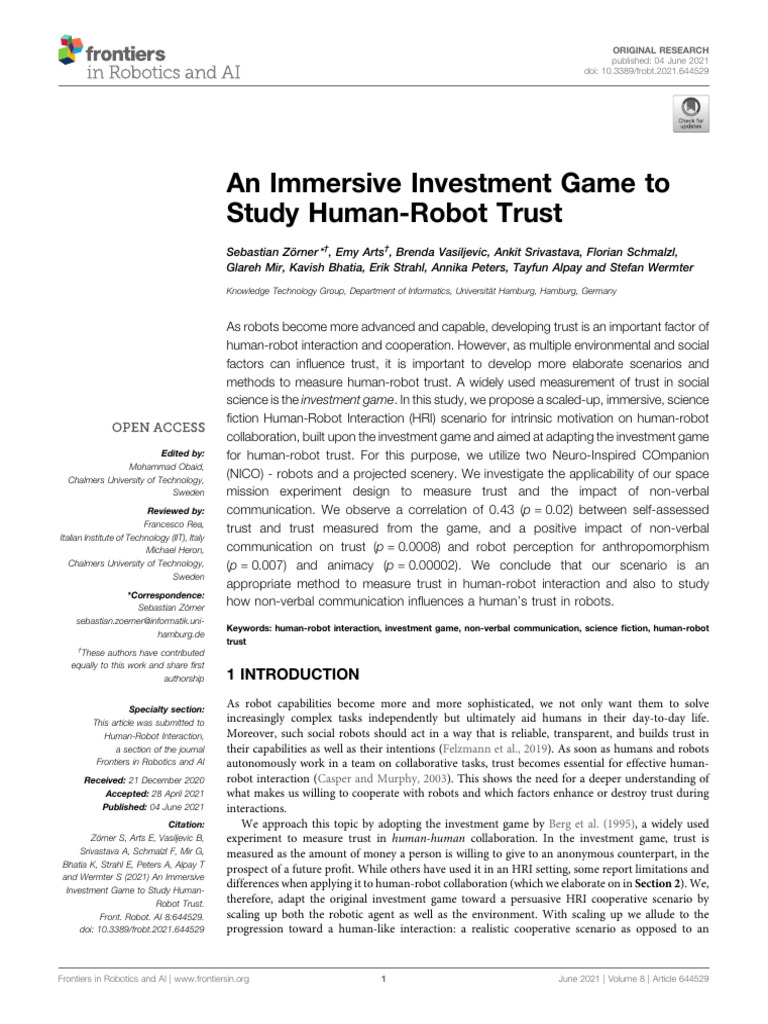 An Immersive Investment Game To Study Human-Robot Trust | PDF ...