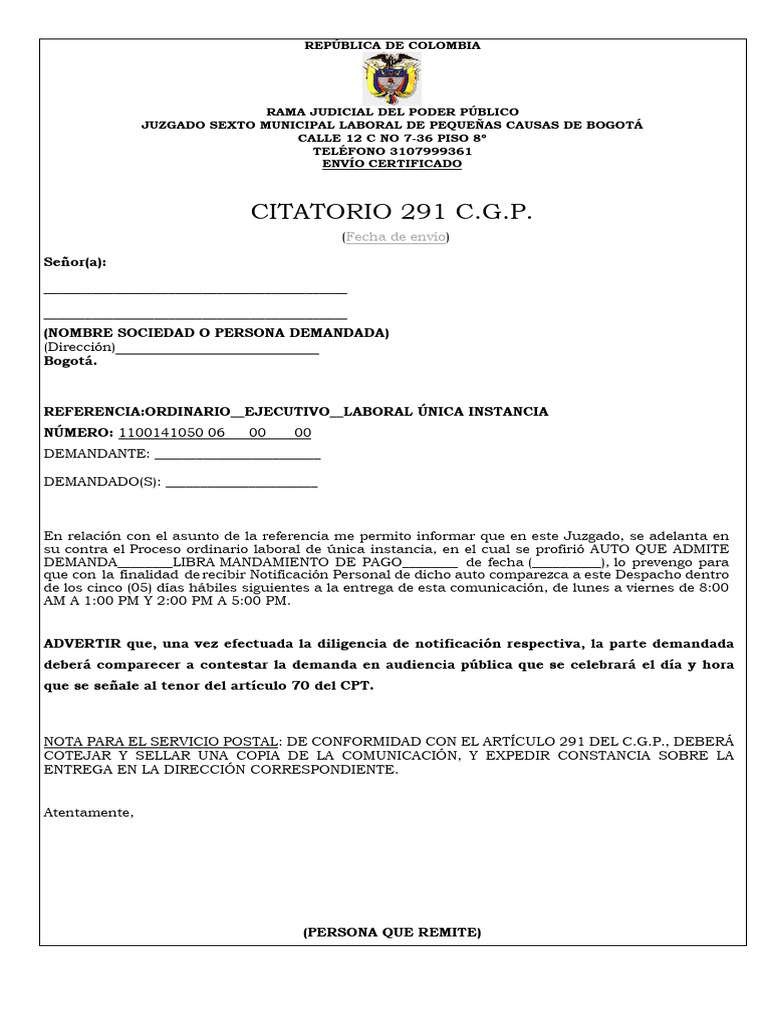 Modelo Citatorio Art. 291 | PDF