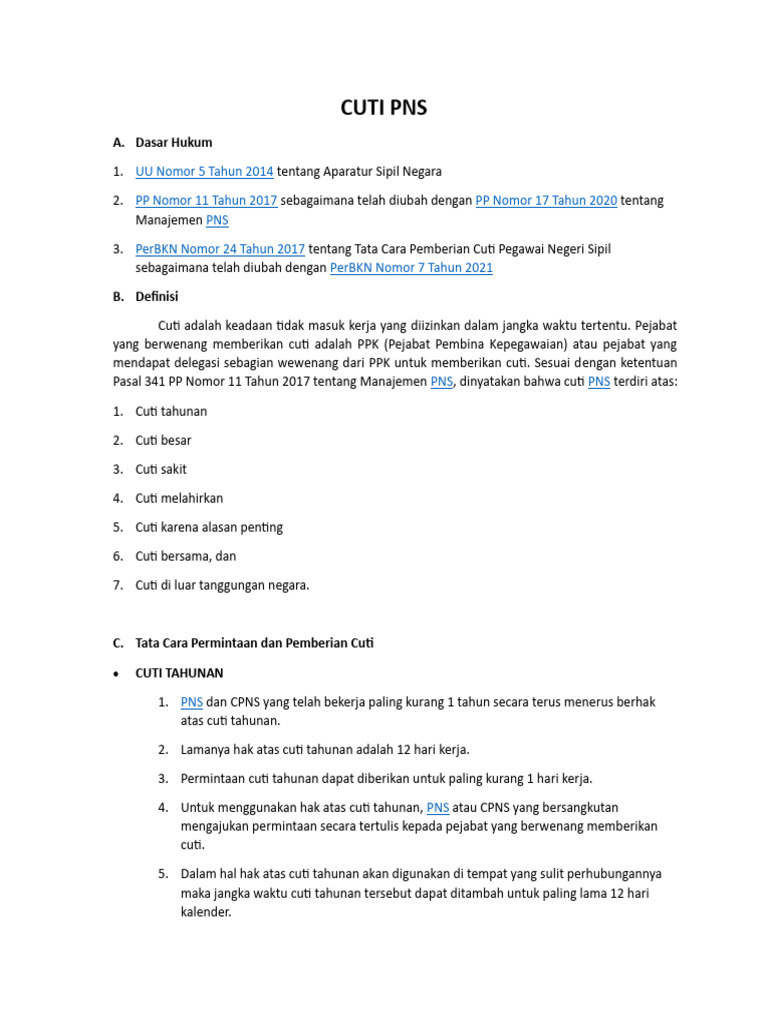 Jenis dan Aturan Cuti PNS | PDF