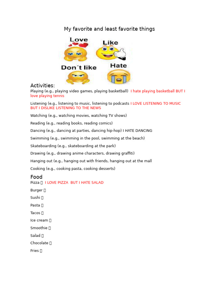 My Favorite and Least Favorite Things | PDF