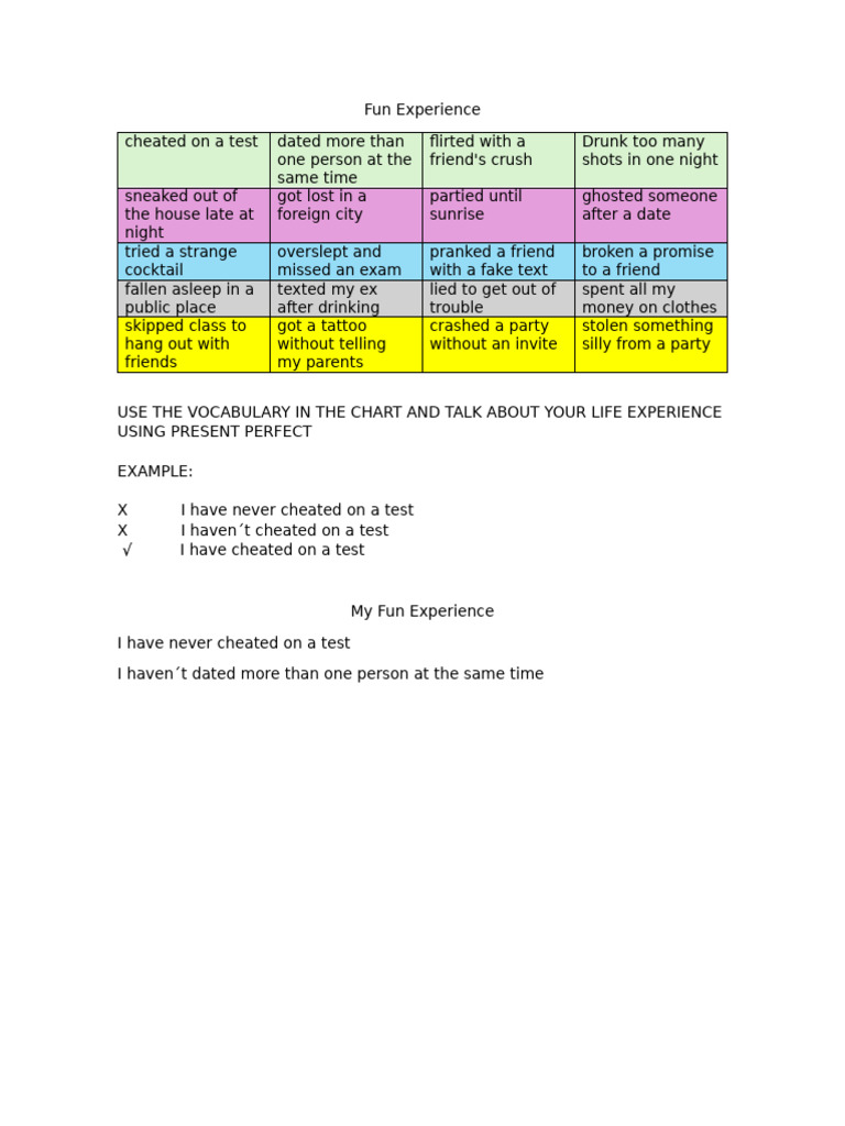 Fun Life Experiences in Present Perfect | PDF