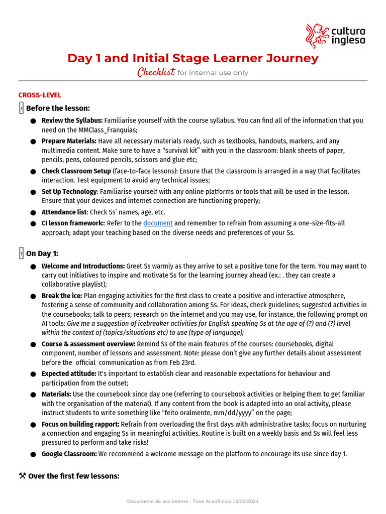 2024.1_ Day 1 checklist | PDF | Learning | Classroom