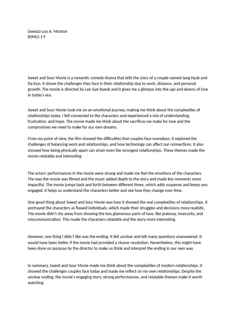 Sweet and Sour Reaction Paper | PDF | Love | Social Psychology