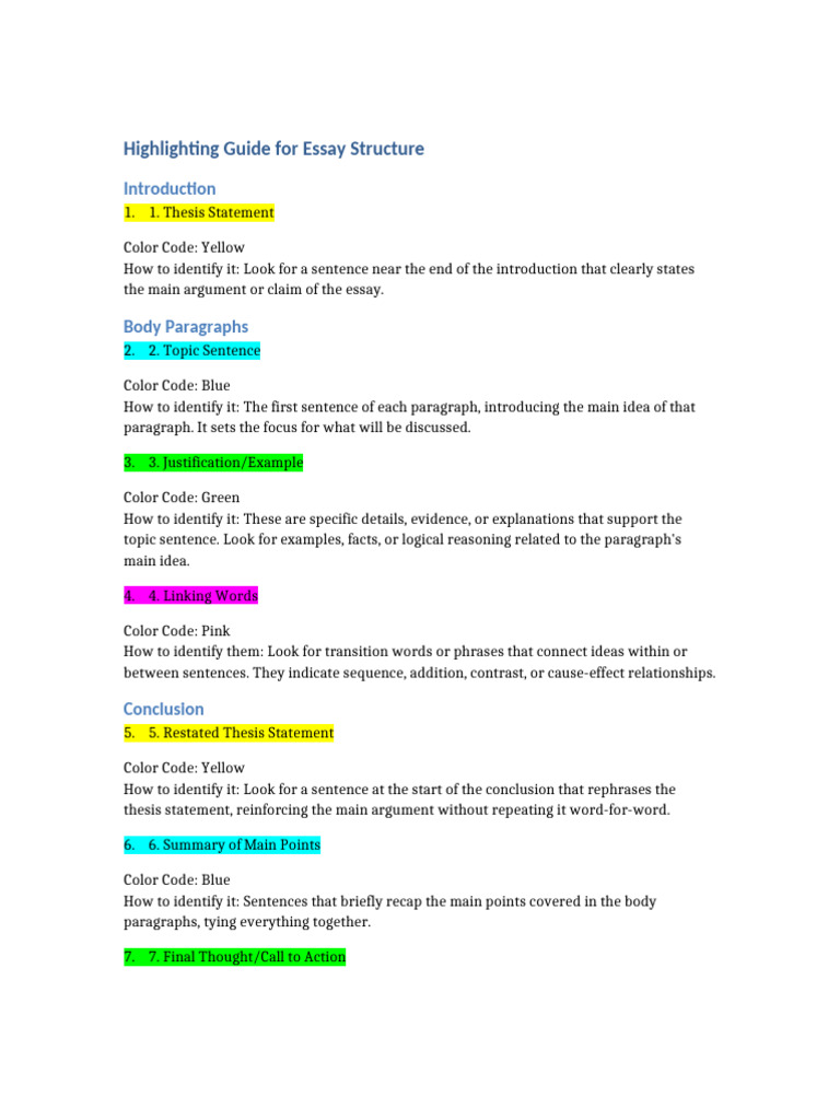 Highlighting Guide For Essay Structure | PDF