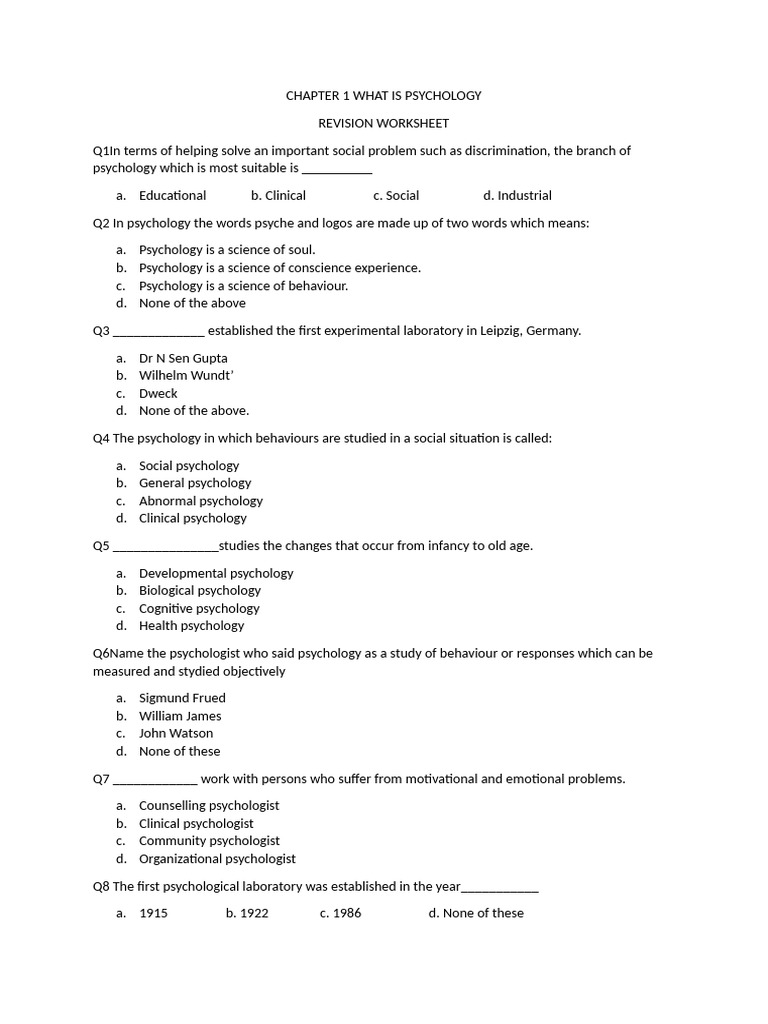 Psychology Basics Revision Worksheet | PDF