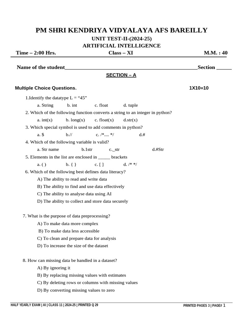 Class Xi Ai Ut-Ii QP 2024-25 | PDF | Artificial Intelligence | Intelligence (AI) & Semantics