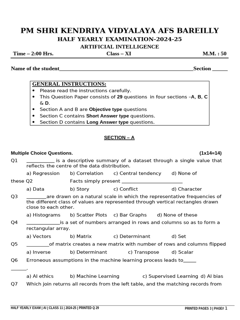 Class Xi Ai Half Yearly QP 2024-25 | PDF | Matrix (Mathematics) | Machine Learning