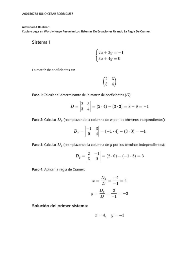 Unidad 3. Actividad 3 Regla de Cramer | PDF