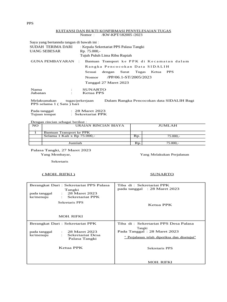 Kuitansi Pembayaran Transport PPS 2023 | PDF