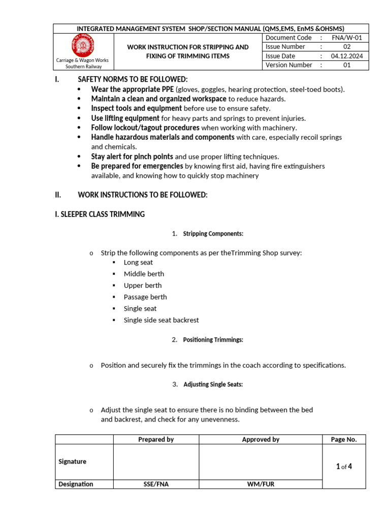 12-FNA-W-01 Work Instruction For TRIMMING AND FIXING Work-Modified | PDF