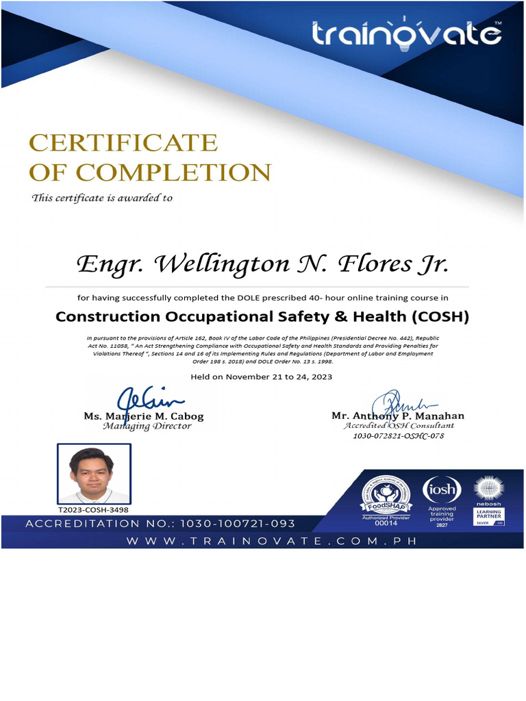 COSH Certification for Engr. Flores | PDF