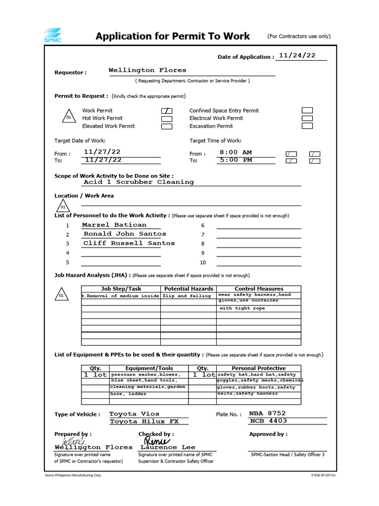Page 2F-ESS-SF-027 Application for Permit To Work 01_ | PDF | Working Conditions | Occupational ...