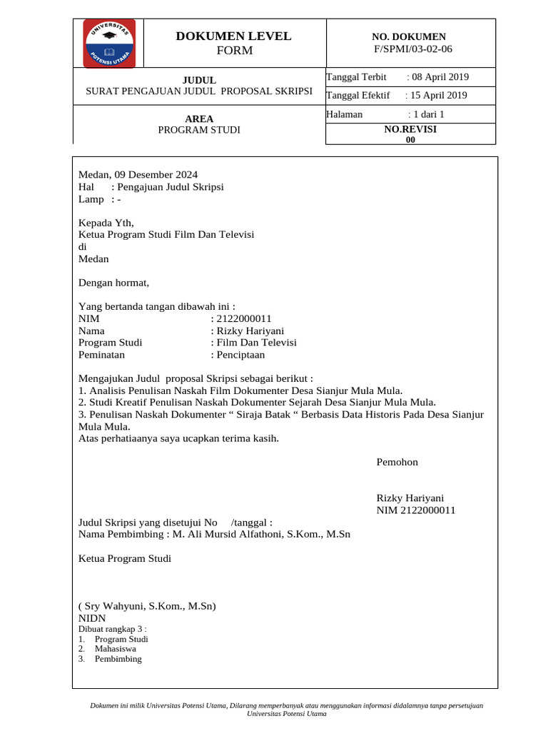 Surat Pengajuan Judul Proposal Skripsi | PDF