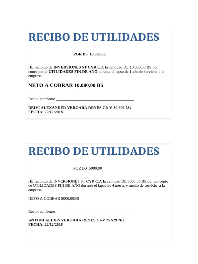 RECIBO DE UTILIDADES | PDF