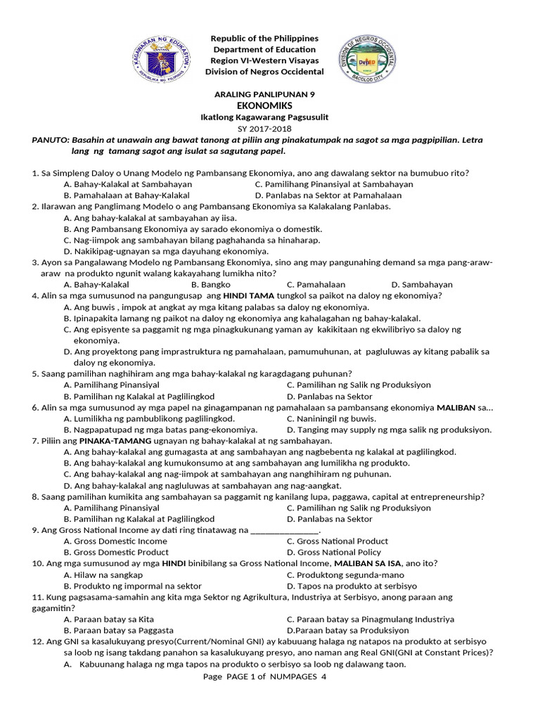 Grade 9 AP TQ 3rd QTR SY 2017 - 2018 | PDF