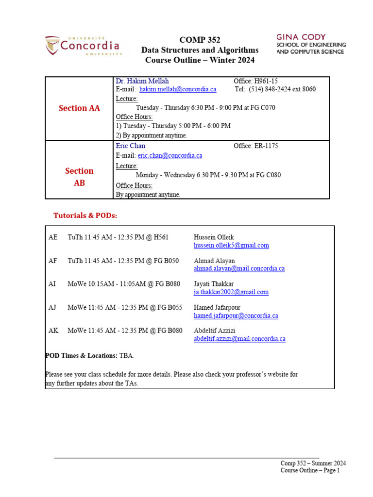COMP 352 Data Structures Course Outline | PDF | System | Plagiarism