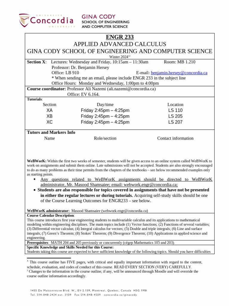 Course Outline - ENGR 233 - W2024 | PDF | Integral | Calculus