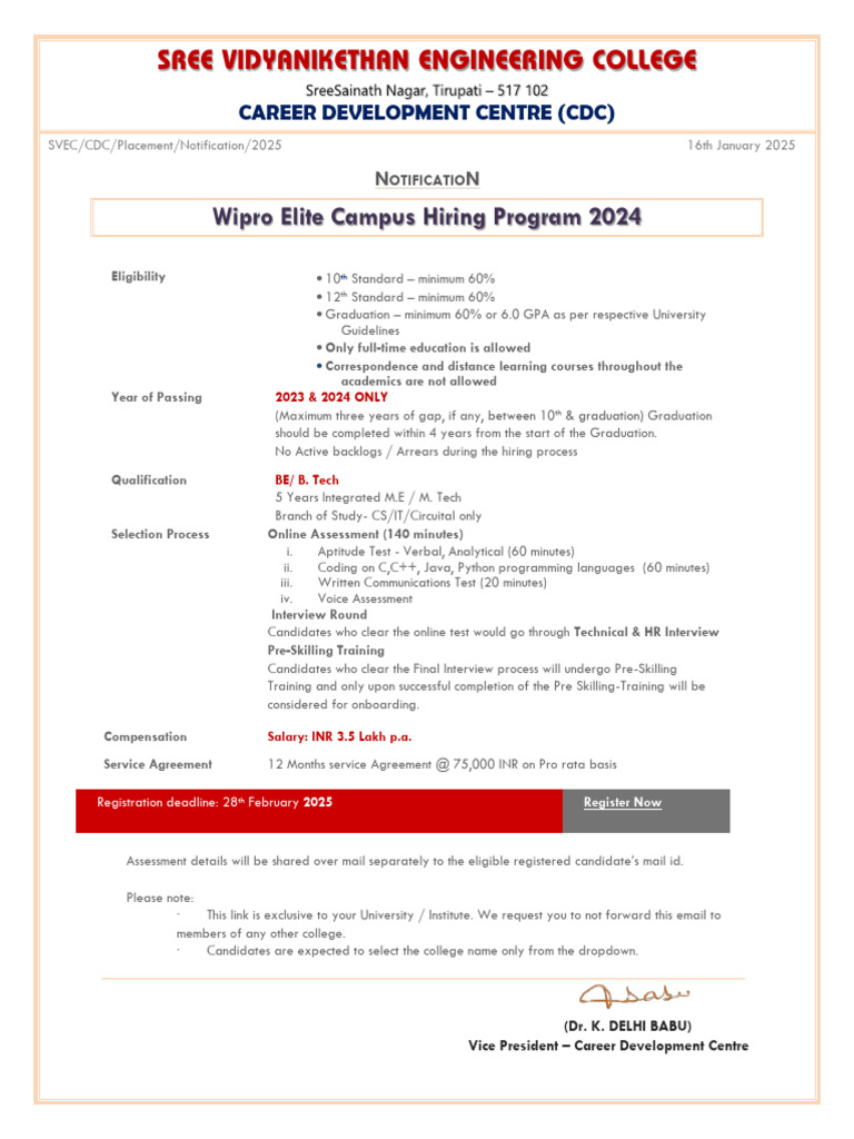 Wipro_Hiring for Batch of 2023 & 2024_SVEC__Notification | PDF