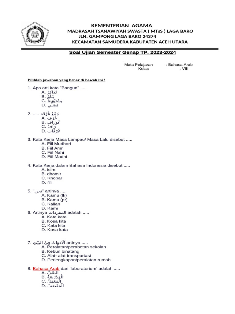 Soal Ujian Bahasa Arab Kelas VIII | PDF
