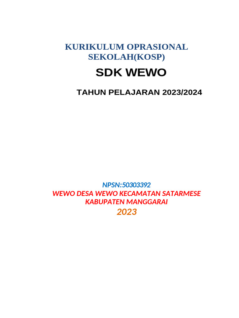 Kurikulum Operasional SDK Wewo 2023/2024 | PDF