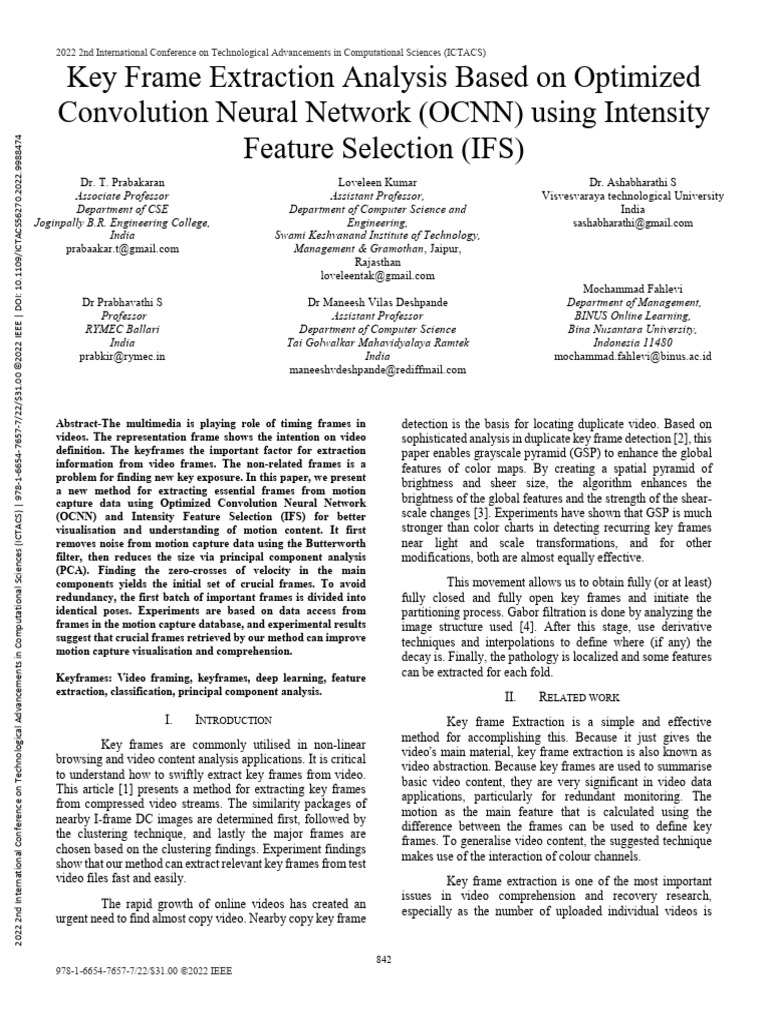 Key Frame Extraction Analysis Based On Optimized Convolution Neural Network OCNN Using Intensity ...