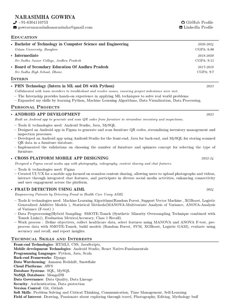 Narasimha Gowrva: Tech Skills & Projects | PDF | Support Vector Machine | Mobile App