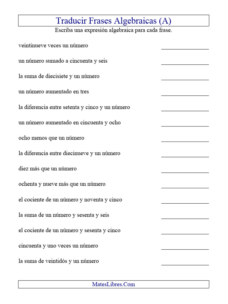 Algebra Traducir Frases Algebraicas 001qp.1364857180 | PDF