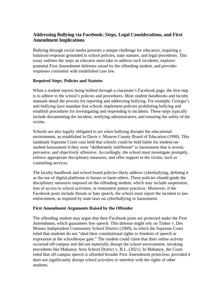 Addressing Facebook Bullying in Schools | PDF | Cyberbullying | First ...