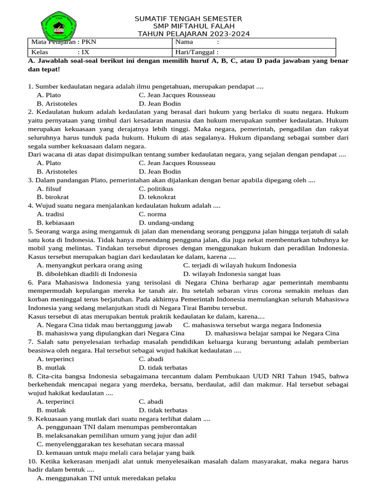 Soal PKN Kelas Ix SMP | PDF